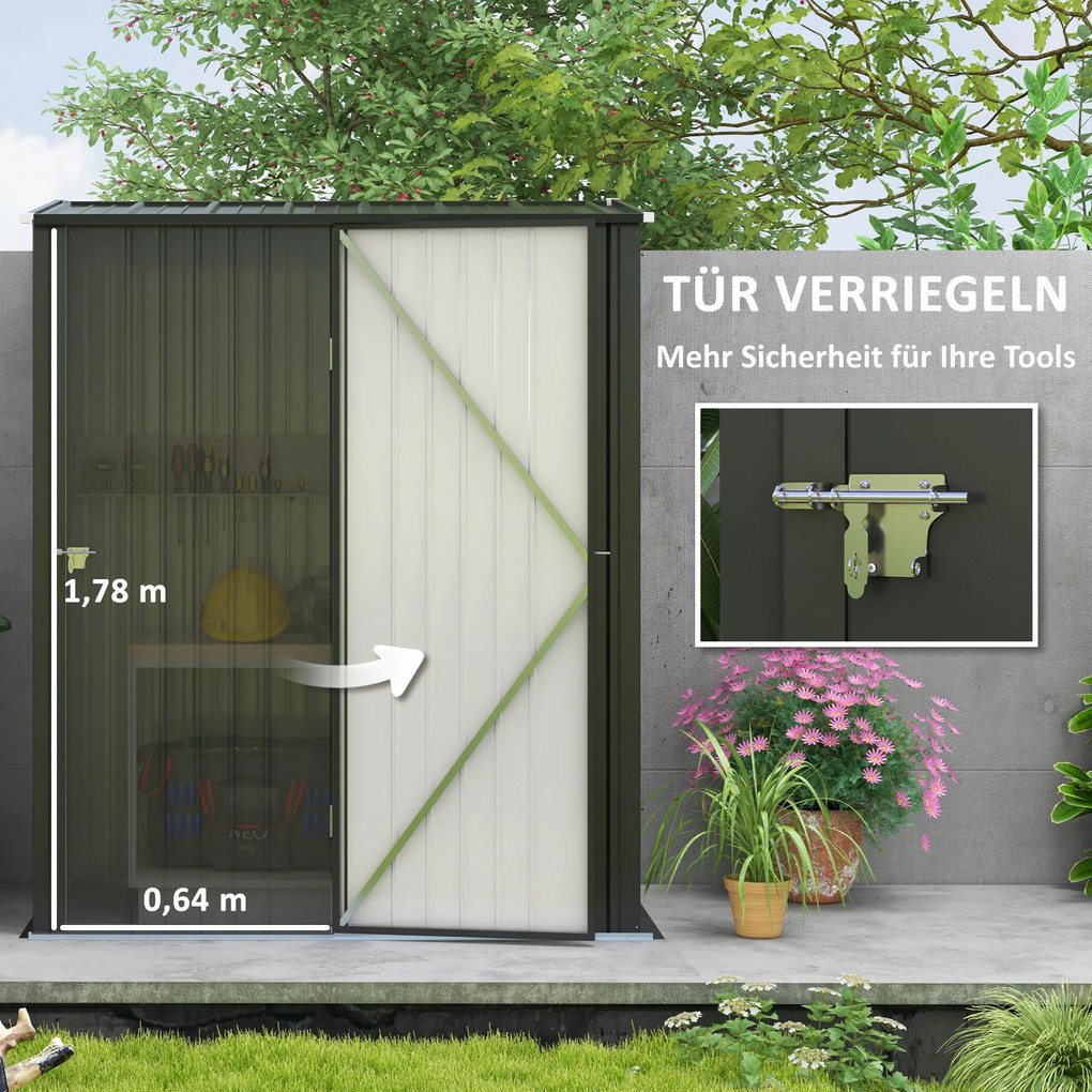 Outsunny zahradní přístřešek 1,34 m² Uzamykatelný zahradní přístřešek se střechou z pozinkované oceli, 161,5x94,5x196cm, černý