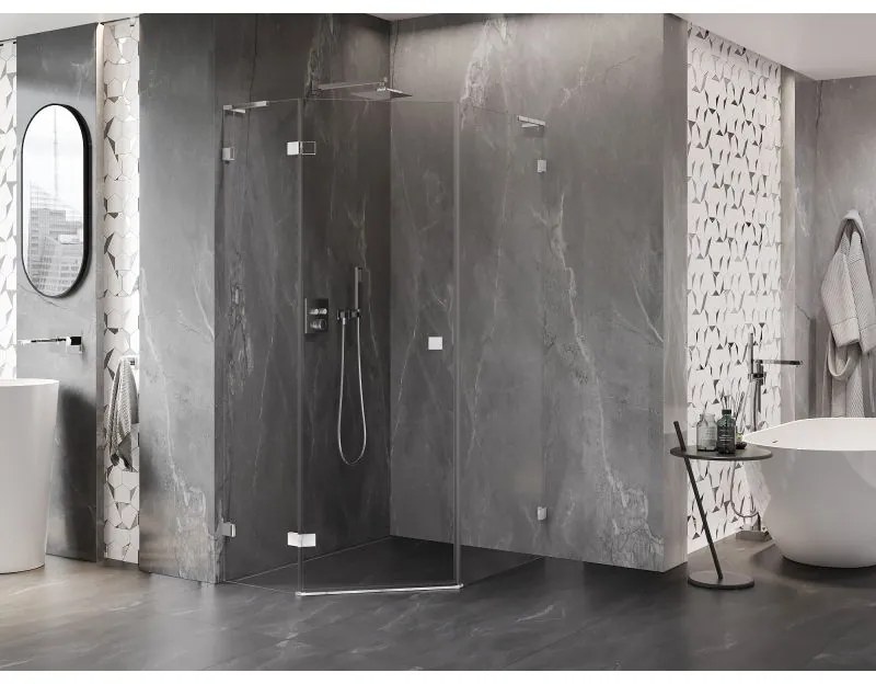 Mexen Lunar, L pětiúhelníkový sprchový kout naklápěcí doleva 80 x 100 cm, 8mm čiré sklo, chromový profil, 831L-080L-100P-01-00-L