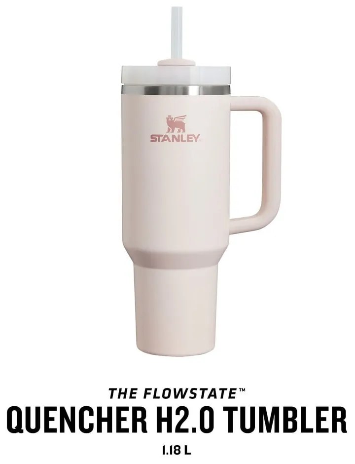 Světle růžová termoska s brčkem z nerezové oceli 1,18 l Quencher H2.0 FlowState Tumbler Rose Quartz – Stanley
