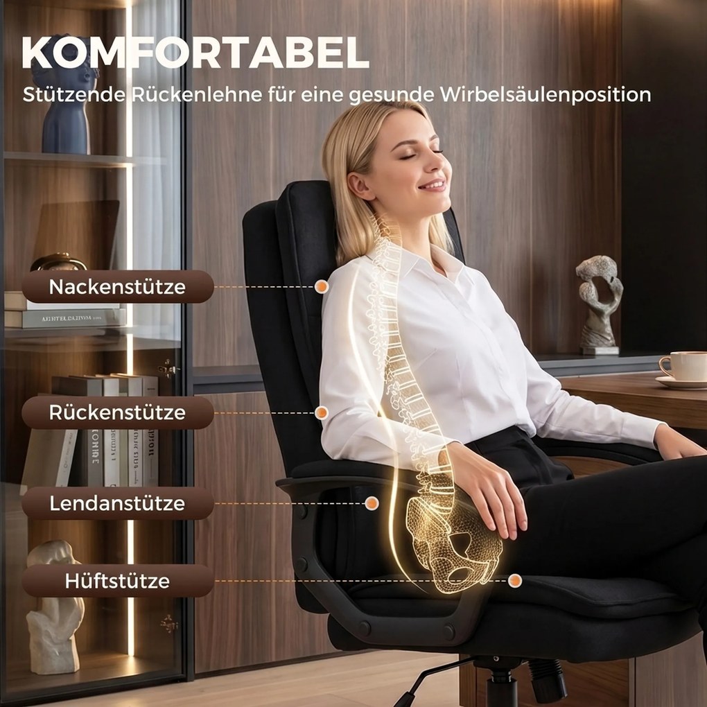 HOMCOM ergonomická kancelářská židle s dvojitým polstrováním – otočná židle s lněným efektem, nastavitelná výška, funkce houpání, nosnost 120 kg, čer…