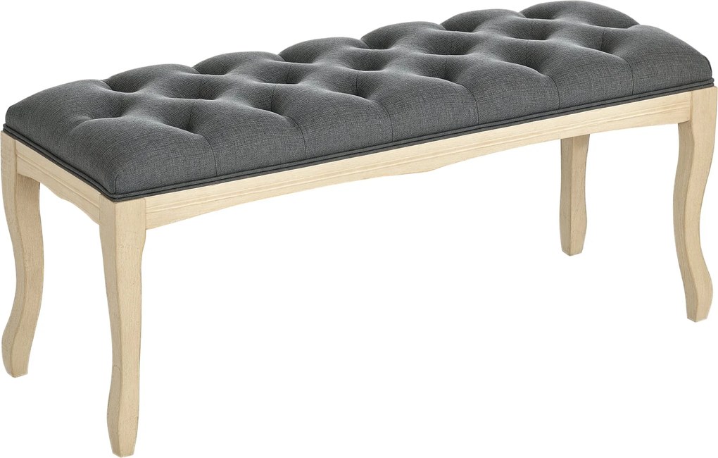 HOMCOM Čalouněná lavice s knoflíky v klasickém chic stylu 110 cm na konec postele, čalouněná lnu, nohy z kaučukového dřeva šedá