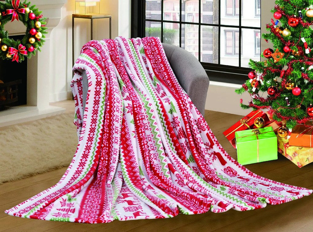 Bílá vánoční mikroplyšová deka CHRISTMAS JOY Rozměr: 200 x 220 cm