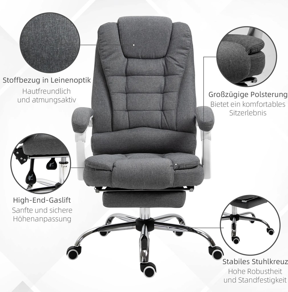 Kancelářská židle Vinsetto ergonomická kancelářská židle se sklopnou podnožkou, výškově nastavitelná a sklopná, kovově šedá pro pohodlí v domácí kanc…