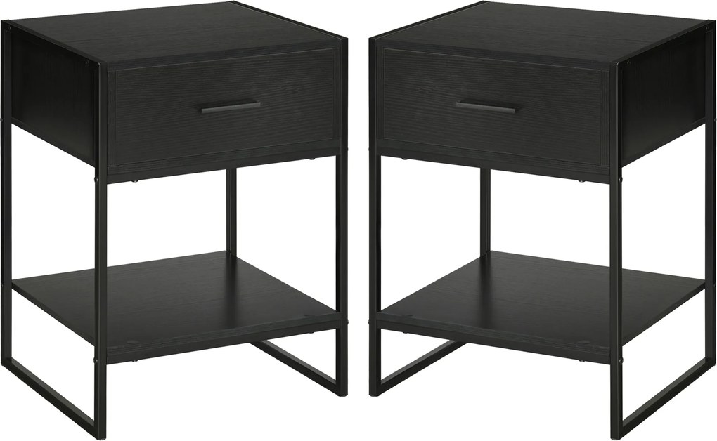 HOMCOM Sada 2 moderních nočních stolků, 2 noční stolky do ložnice a obývacího pokoje, se zásuvkou a otevřenou policí, moderní design, MDF a ocel, 45x4