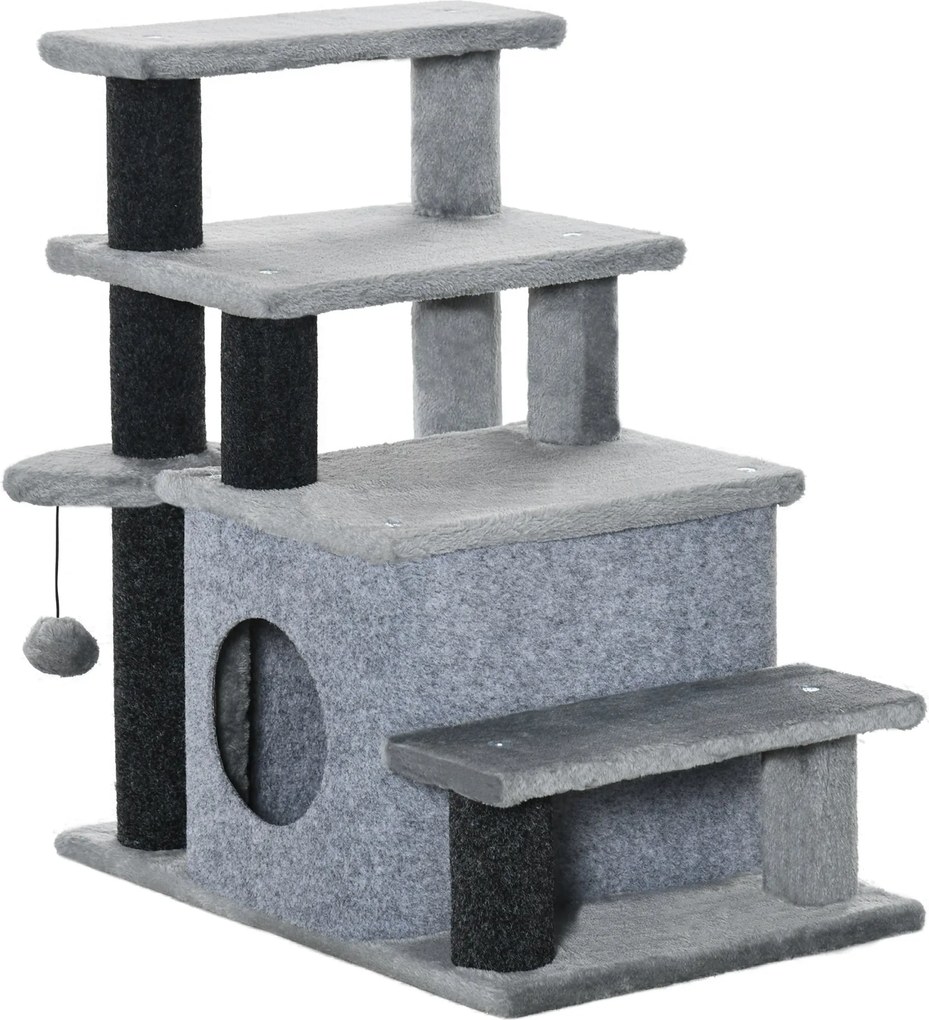 PawHut Psi Schody 3/4 Kroků 66 cm Vysoké Rampa pro Mazlíčky s Útočištěm, Hracím Míčem, Schody pro Kočky pro Středně Velké Kočky, Doplňky k Posteli, Po
