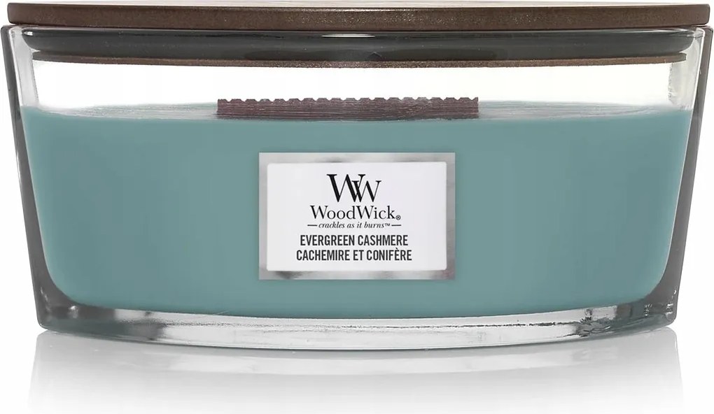 WoodWick vonná svíčka s dřevěným knotem Elipsa Evergreen Cashmere 453,6 g