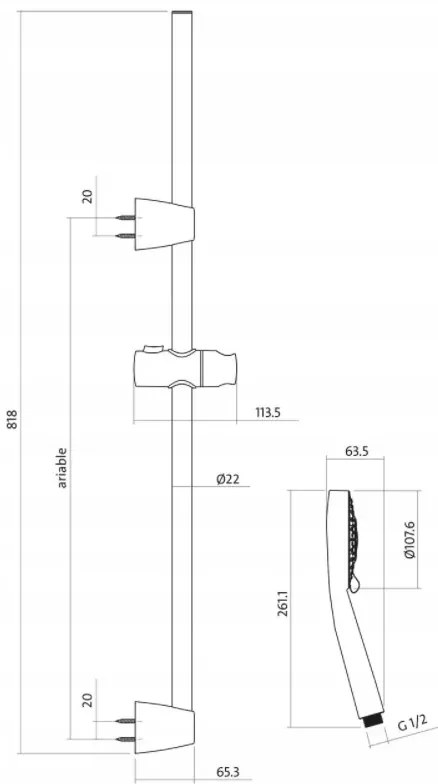Cersanit NENO, sprchová sada s posuvným držákem a ruční sprchou, Chrom, S951-019
