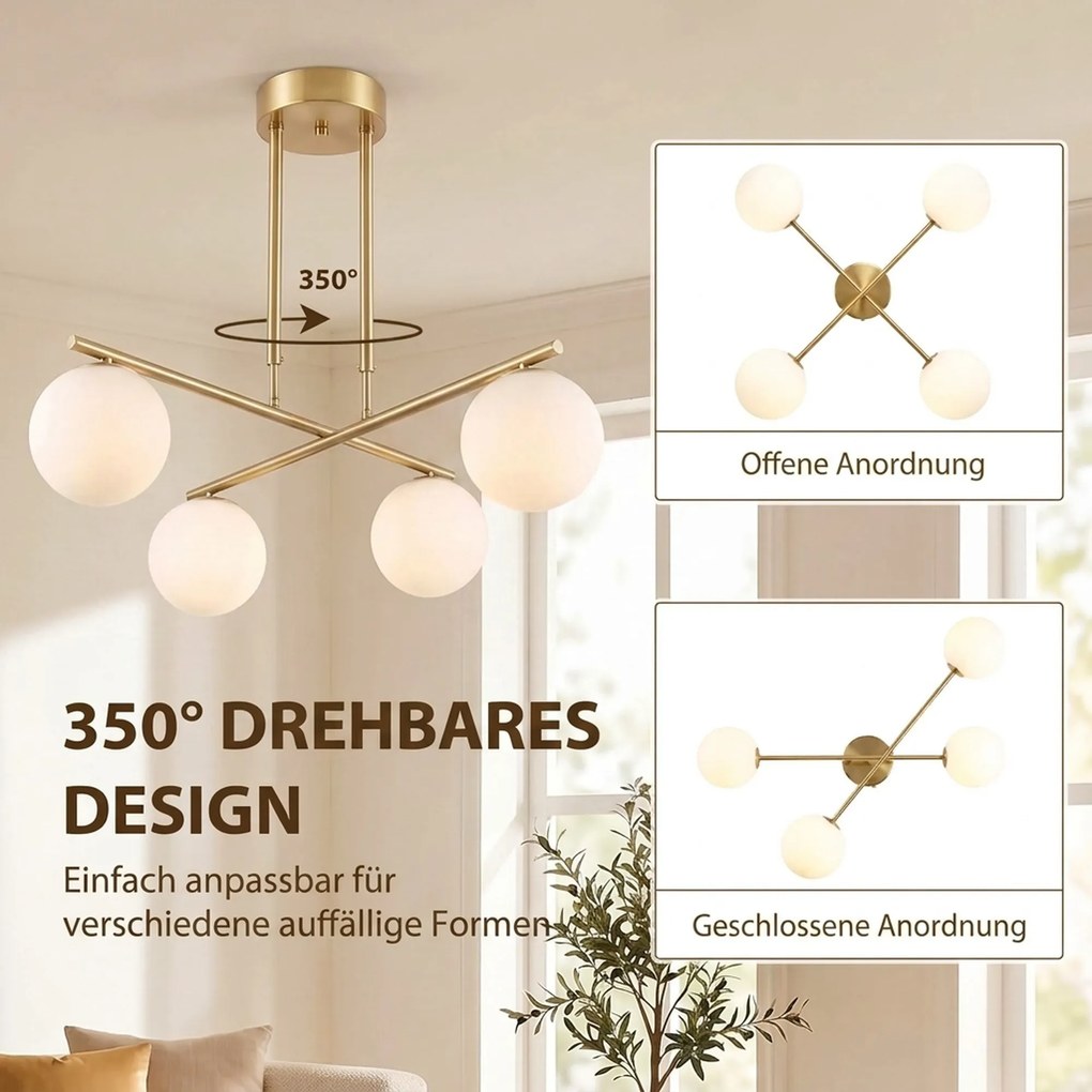 HOMCOM Moderní závěsná lampa se 4 kulatými stínidly, výškově nastavitelné a otočné o 350°, bílé