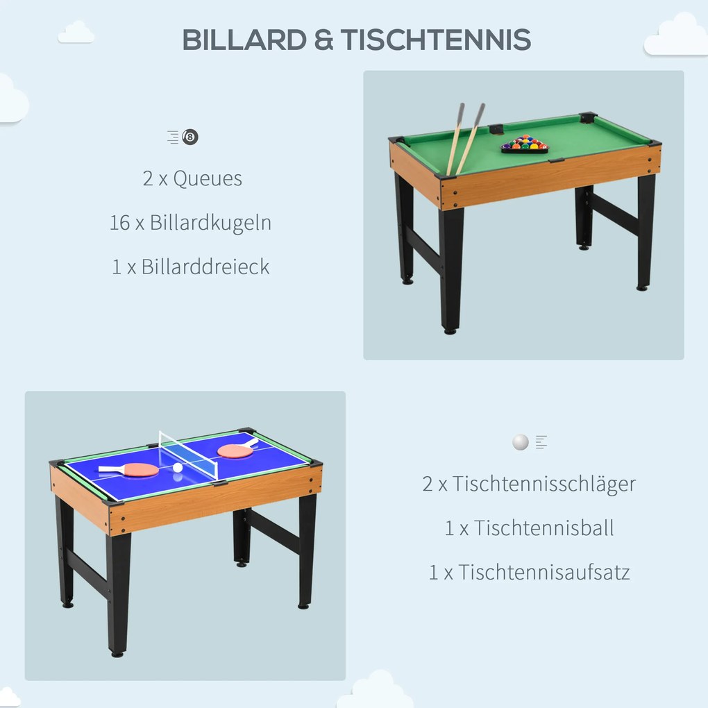 Multiherní stůl HOMCOM 4 v 1, párty herní stůl se stolním tenisem, stolním fotbalem, kulečníkem, stolním hokejem, pro zábavu více hráčů, ocel, přírod…