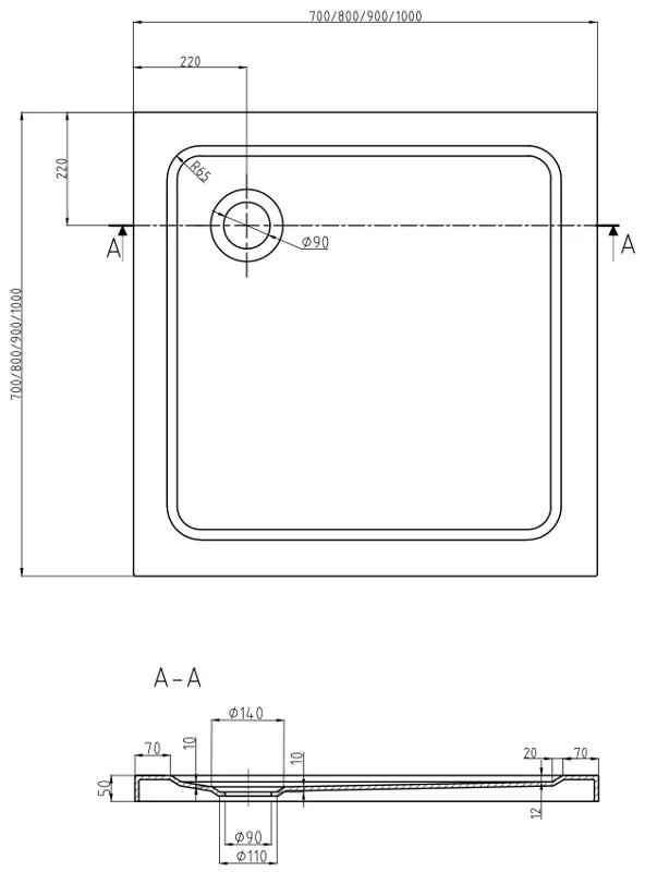 Mexen Flat čtvercová vanička do sprchového kout slim 70 x 70 cm, Bílá, sifon Černá - 40107070B
