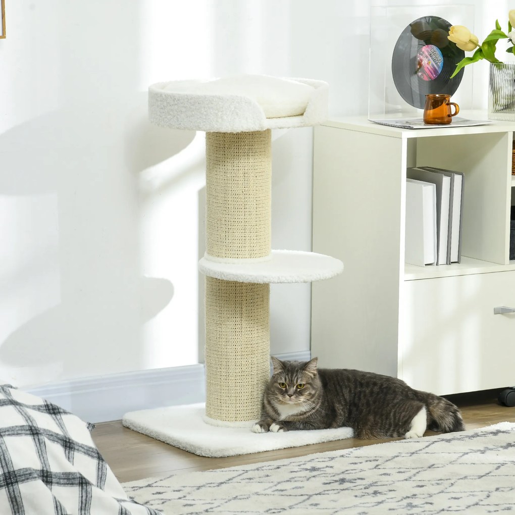 PawHut Kočičí škrabací strom Výška 91 cm 3-podlažní kočičí věž s odpočinkovou platformou a sisalovým sloupem 45x45x91 cm Krémová