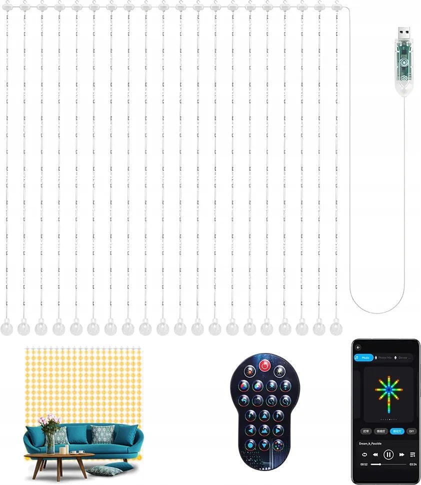 Světelný Závěs Led 400 Diod 100+ Scénických Režimů Diy Ovládání Pomocí Aplikace