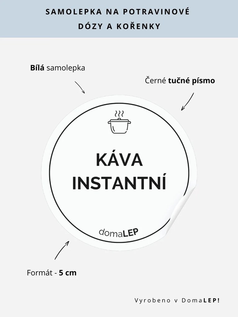 KÁVA – bílá samolepka na dózu, tučné písmo, 5 cm | DomaLEP