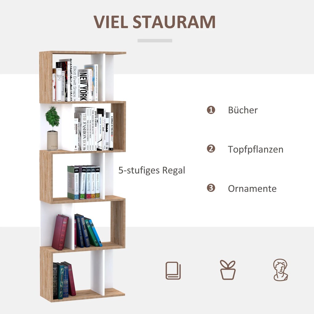 HOMCOM Moderní Regál S Tvarovým Designem, 4 Poličky, 60 Š x 24 H x 148 V cm, Dub Bílý
