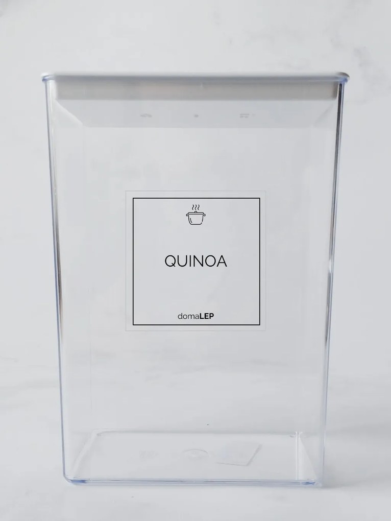 QUINOA – průhledná samolepka na dózu, základní písmo, 5 × 5 cm