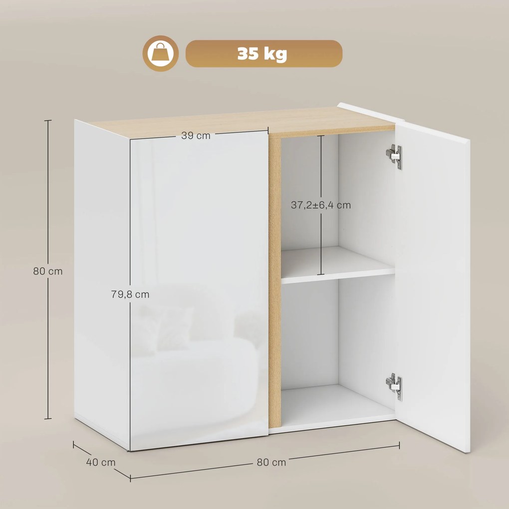 HOMCOM vysoký lesklý bufet, úložná skříňka se 2 měkce zavírajícími se dvířky a nastavitelnou policí, 80x40x80 cm, bílá