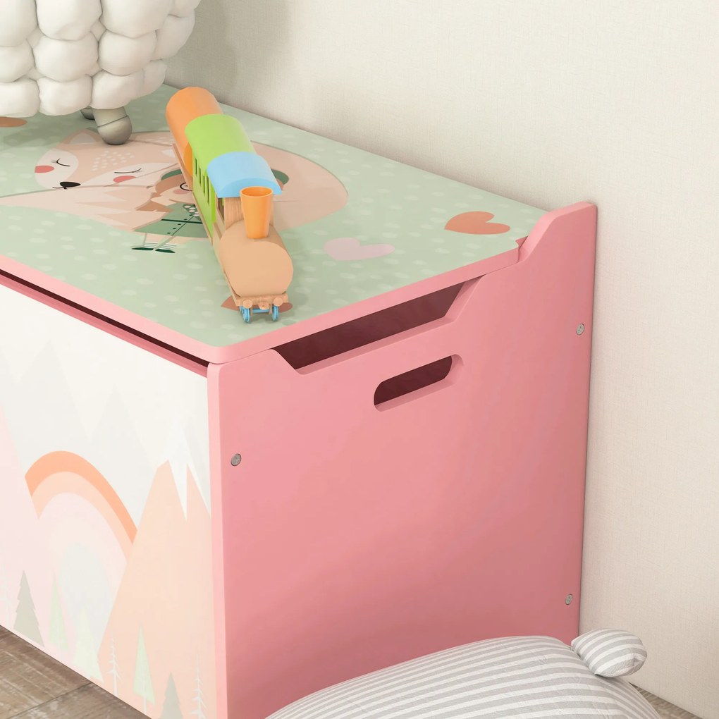 Úložný box s úložným prostorem, box na hračky s bezpečnostním závěsem víka, design roztomilých zvířátek, 60 x 37 x 39 cm, růžová barva