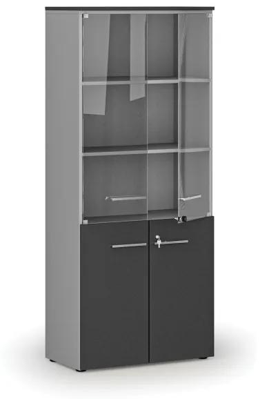 Kombinovaná kancelářská skříň s dřevěnými a skleněnými dveřmi PRIMO GRAY, 1781 x 800 x 420 mm, šedá/grafit