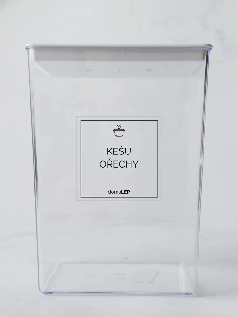 KEŠU OŘECHY – průhledná samolepka na dózu, základní písmo, 5 x 5 cm | DomaLEP