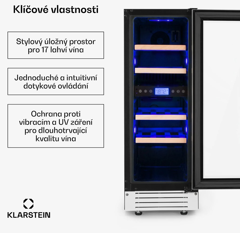 Klarstein Vinovilla 17, vinotéka, 53 l/17 lahví, 2 zóny, 3 barvy LED osvětlení, bílá
