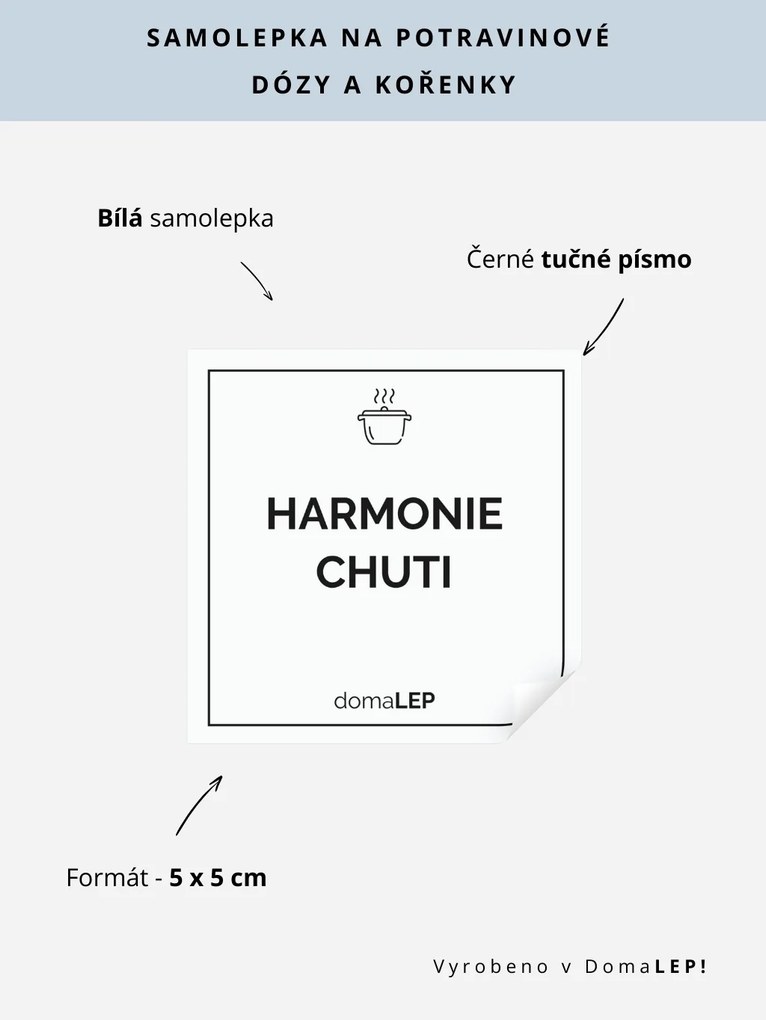 Samolepka na kořenky HARMONIE CHUTI bílá 5 × 5 cm tučné písmo
