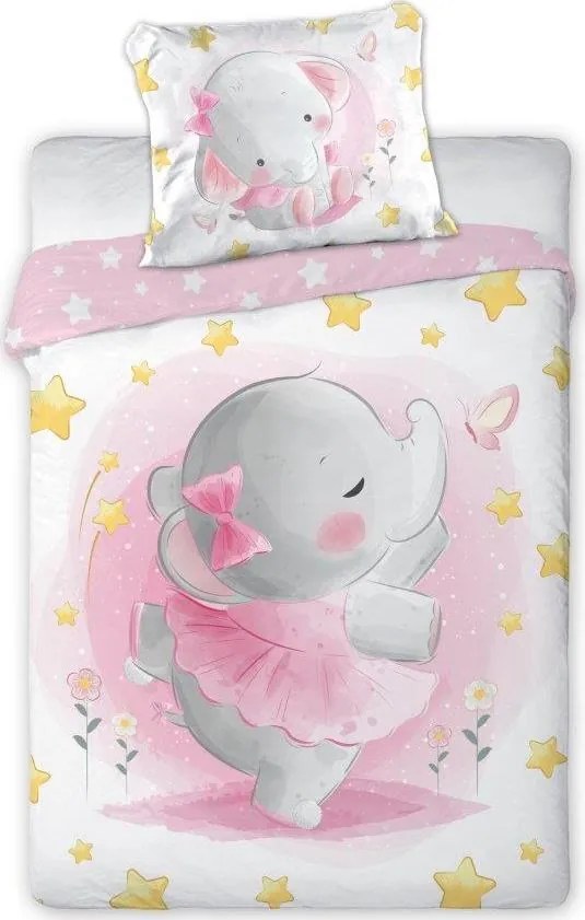 Dětské bavlněné povlečení do postýlky 135x100 cm CUDDLES - Slůně - růžové