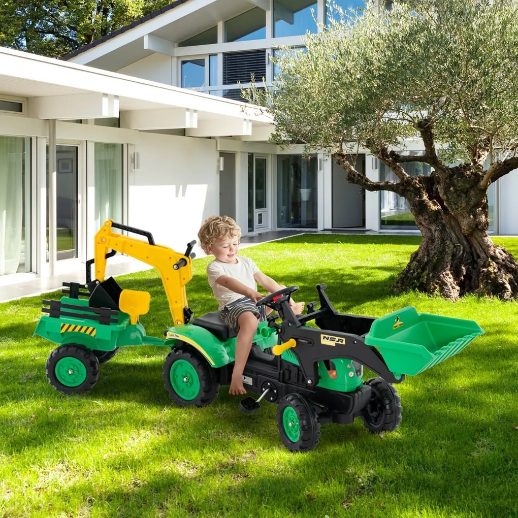 Costway 3 v 1 dětský buldozer s bagrem a 6 koly – 178 × 42 × 60 cm, zelený