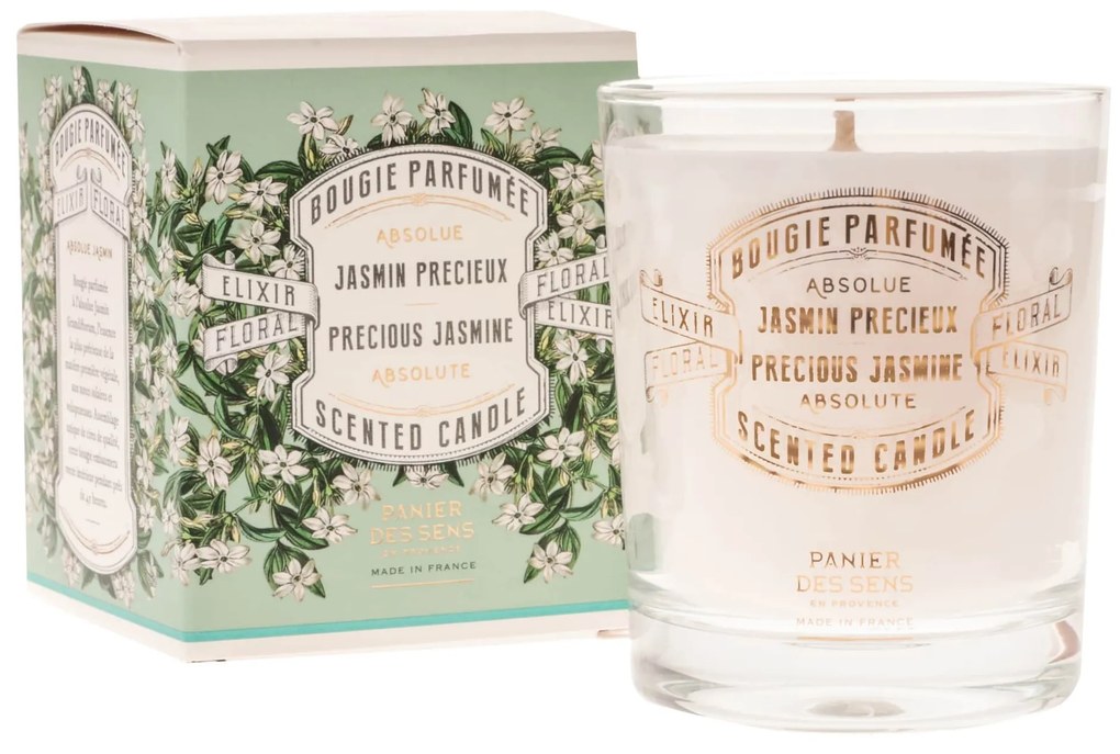 Panier des Sens Vonná svíčka Panier des Sens - Jasmin Precieux, zelená barva, bílá barva, sklo