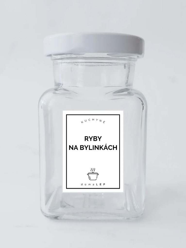 Samolepka na kořenky RYBY NA BYLINKÁCH bílá 3 × 4 cm tučné písmo