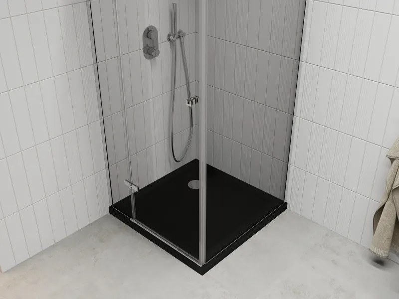 Mexen Roma, sprchový kout s křídlovými dveřmi 90 (dveře) x 90 (stěna) cm, 6mm čiré sklo, chromový profil + slim sprchová vanička černá + chromový sifon, 854-090-090-01-00-4070