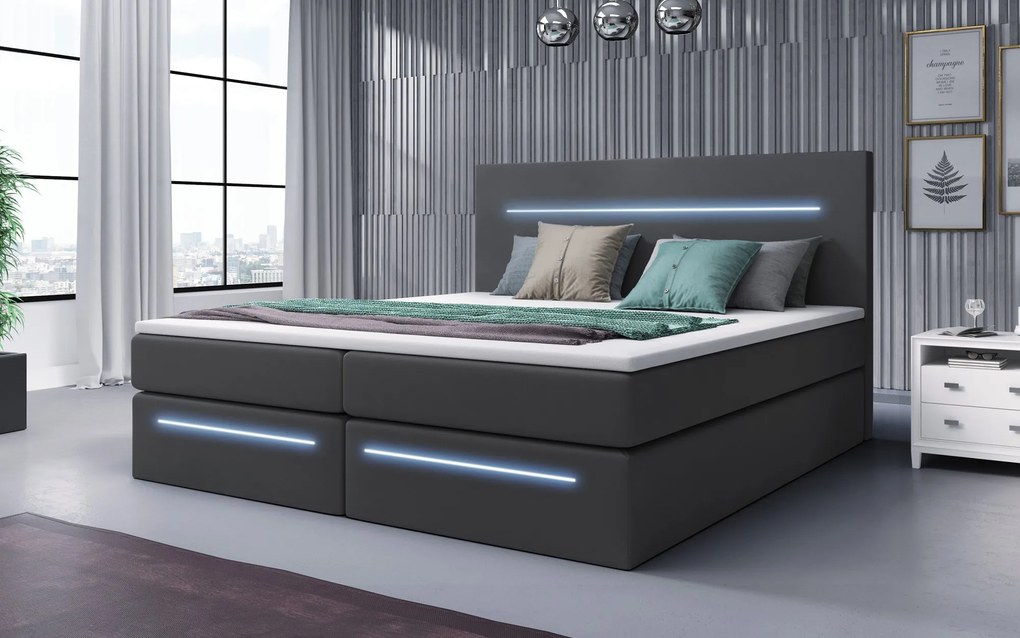 K&M postele Boxspring postel SEJOUR s úložným prostorem a LED Velikost postele: 140 × 200 cm, Výběr matrace: Taštičková zónová matrace - měkká (70–11…