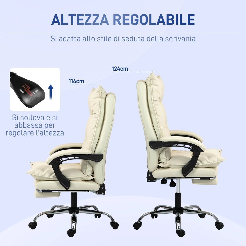 Vinsetto ergonomické kancelářské křeslo, náklon 155° s vysouvací opěrkou nohou, snadno čistitelná PU koženka, polstrované opěrky, otáčecí a výškově n…