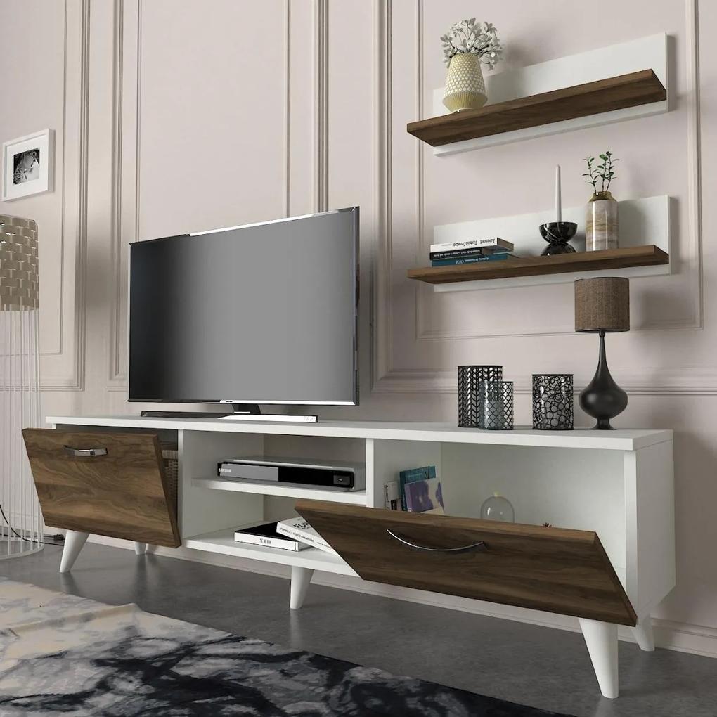Televizní stolek s policemi BEALTE 150 cm, matná bílá a ořech