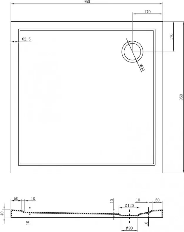 Mexen Flow Slim, čtvercová sprchová vanička 95 x 95 cm, bílá lesklá, 46S109595