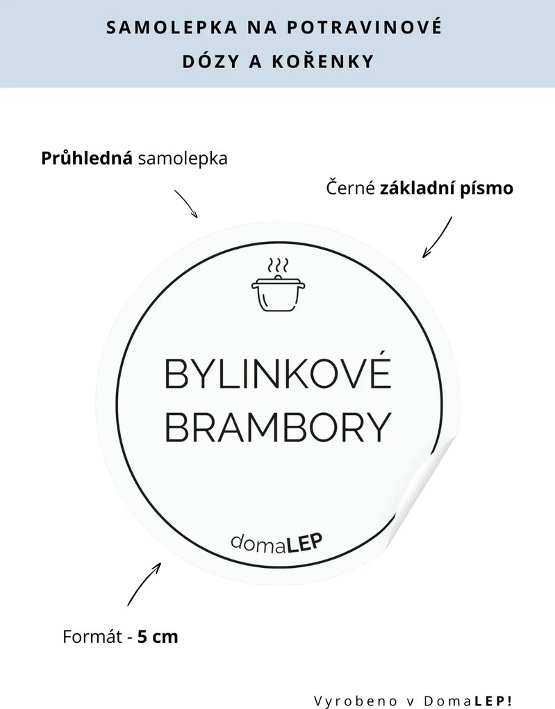 Samolepka na kořenky BYLINKOVÉ BRAMBORY průhledná 5 cm základní písmo