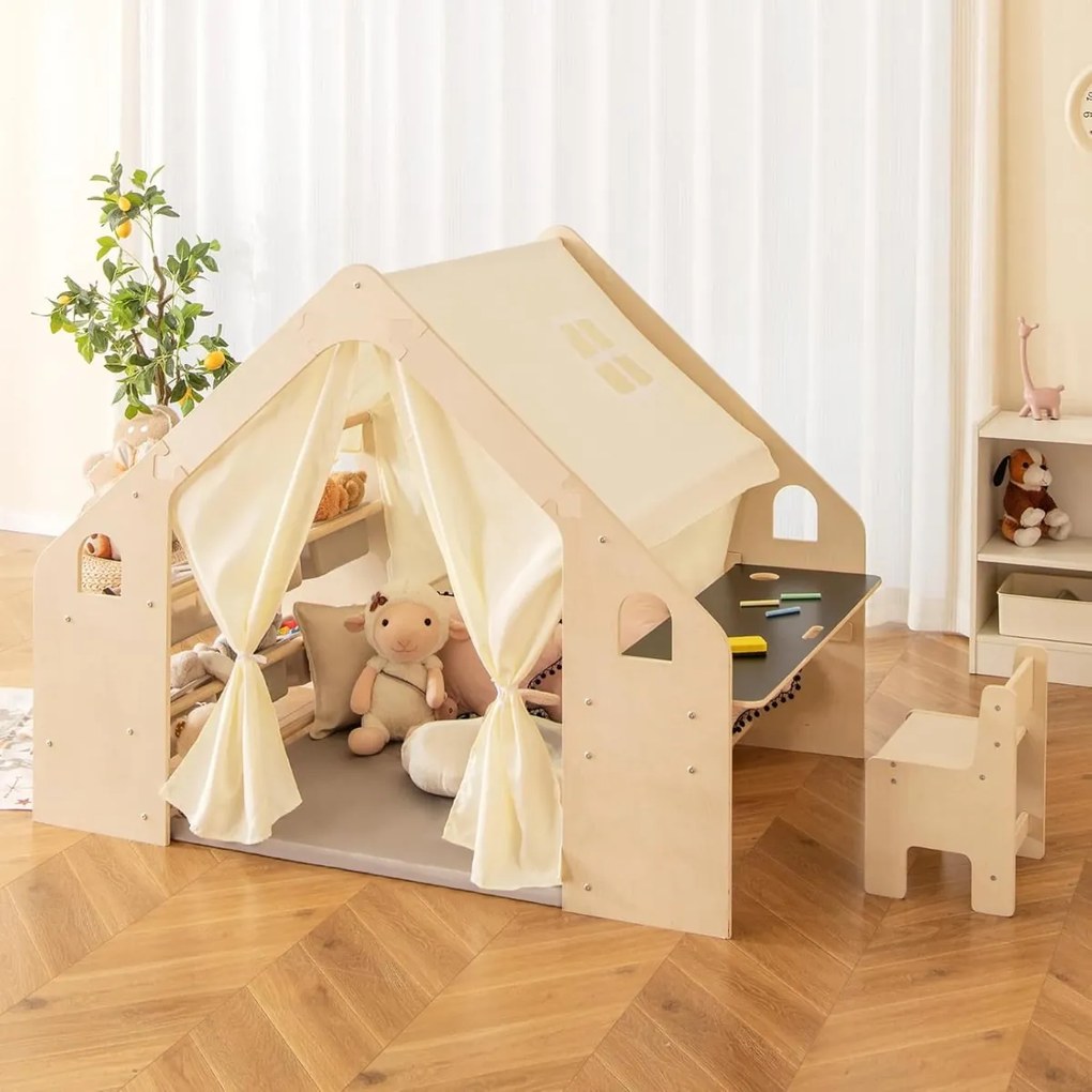 Costway Dřevěný dětský stan 6-IN-1 s dětským stolem a židlí, podložkou a tabulí