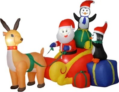 Outsunny nafukovací Santa Claus s saněmi, tučňáky a soby, LED osvětlení, vánoční dekorace pro interiér i exteriér 180x120x155 cm