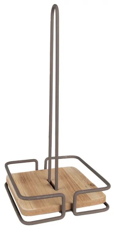 Hnědý kovový držák na kuchyňské role s dřevěným dnem Izaac – 15x15x32 cm