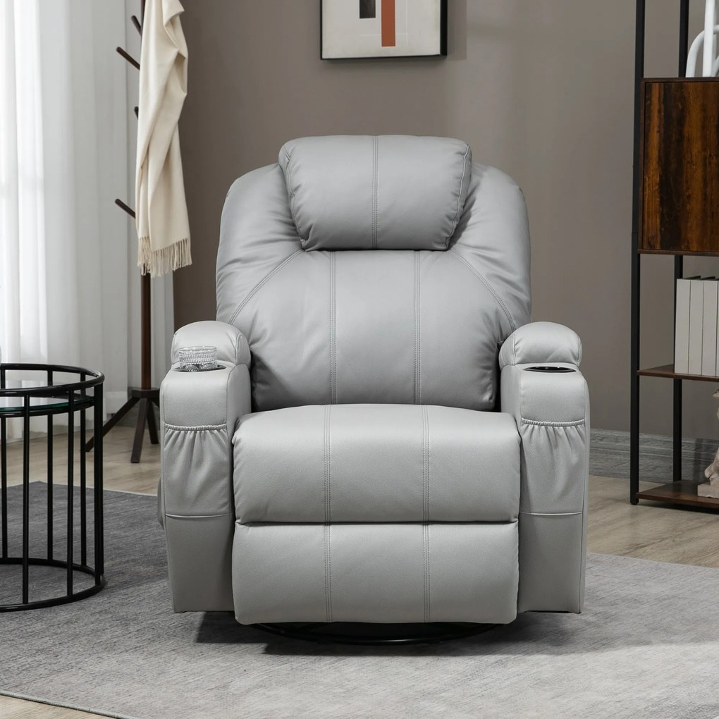 Masážní křeslo HOMCOM Relaxační křeslo s 8 vibračními body, 5 režimů, funkce polohování, nosnost 150 kg, imitace kůže, světle šedá