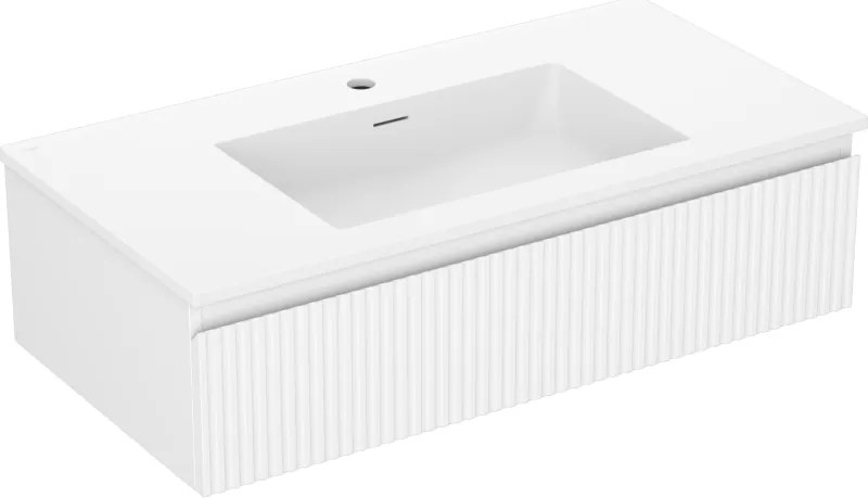 Mexen Rivel, koupelnová skříňka 90 cm s umyvadlem Otis, 1 zásuvka, drážkovaná, bílá matná, 91A20-09023-1-BF01-W18M01