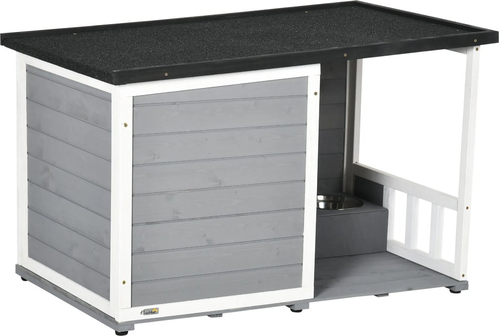 PawHut Zahradní Psí Budka, Dřevěná Psí Budka se 2 Misky, Veranda, Voděodolná Psí Jeskyně s Šikmou Střechou pro Malé Psy, Šedá, 103 x 62 x 60-66 cm | A