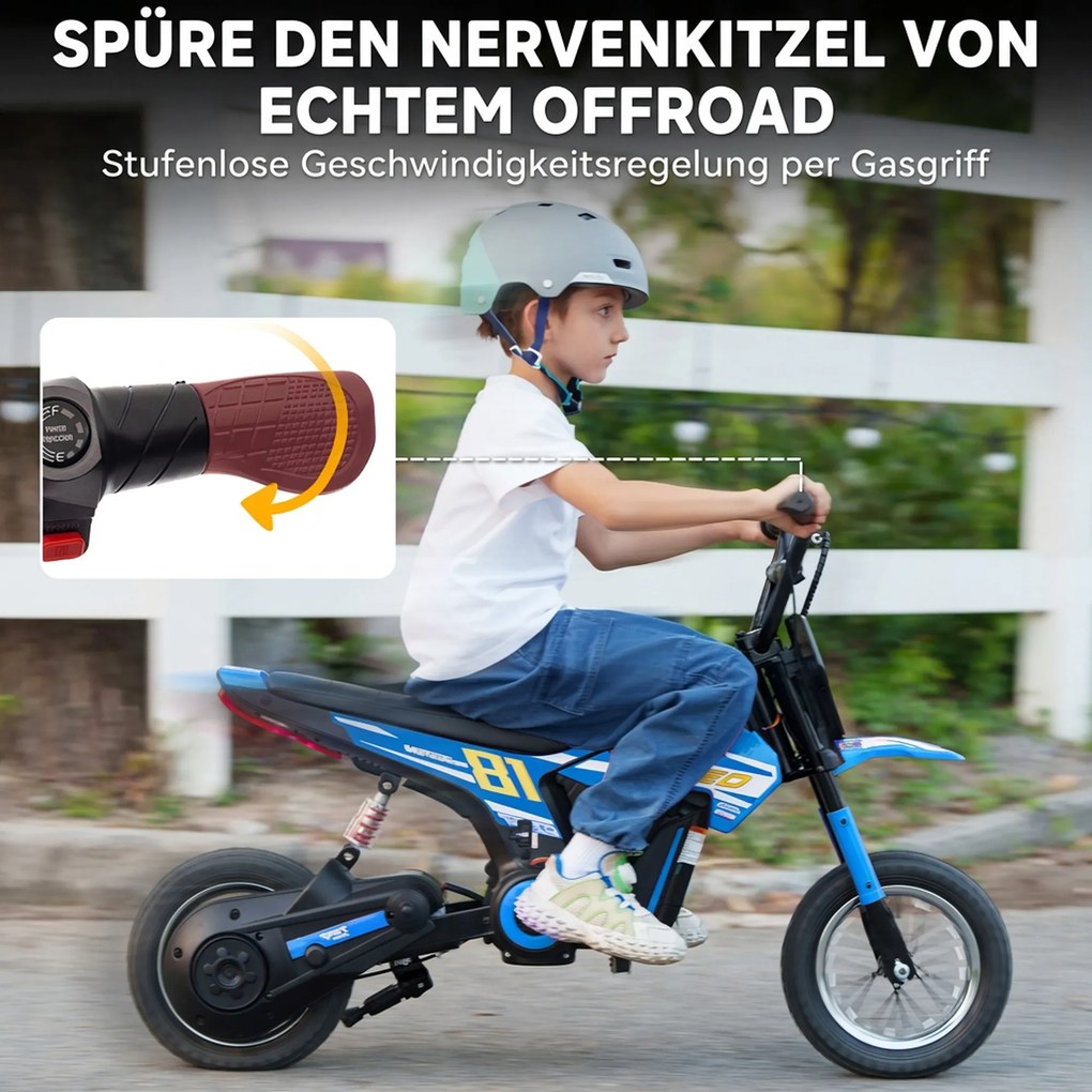 AIYAPLAY Elektrická motorka pro děti 24 V dětský motokros s 250W motorem, 7Ah baterie, zadní odpružení, kotoučová brzda, 16 km/h, 8–12 let