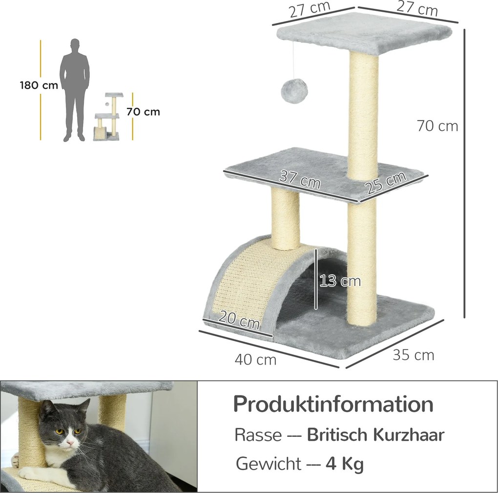 PawHut Škrabadlo 72 cm Kočičí věž s plyšovými polštářky, sisalové sloupky, plošina, škrabadlo Světle šedá barva