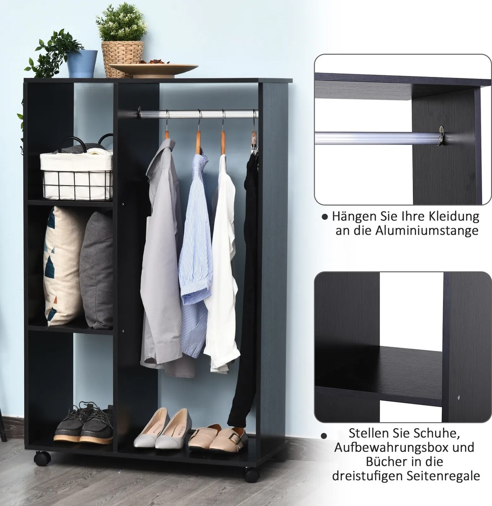 HOMCOM Skříň na kolečkách s otevřeným designem pro oblečení s ramínkovou tyčí a policemi organizátor pro ložnici 80x40x128 cm Černá