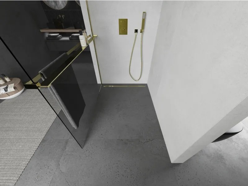 Mexen Kioto, sprchová zástěna Walk-In Walk-in 95 x 200 cm, 8mm čiré sklo, zlatý lesklý profil + věšák na ručníky s poličkou, 800-095-121-50-00