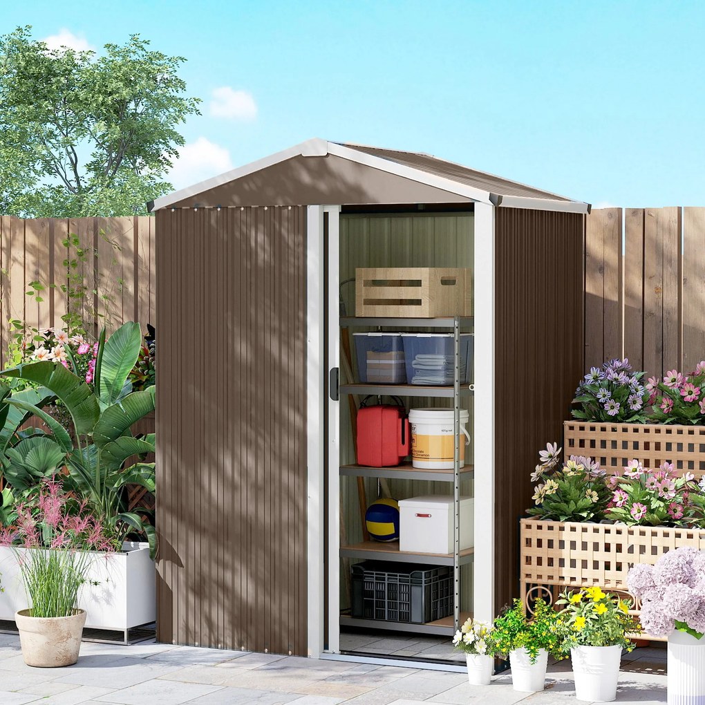 Outsunny kovová zahradní kůlna — 1,18 m² (136 × 87 × 179 cm) | Posuvné dveře, šikmá střecha, včetně rukavic, hnědá
