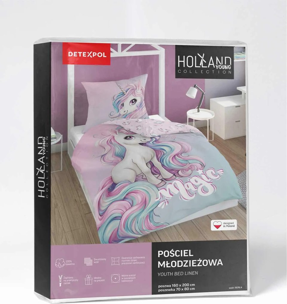 Detexpol Bavlněné ložní prádlo 160x200 cm pro teenagery s jednorožcem a nápisem Magic – DreamStyle – vzor 5576 A