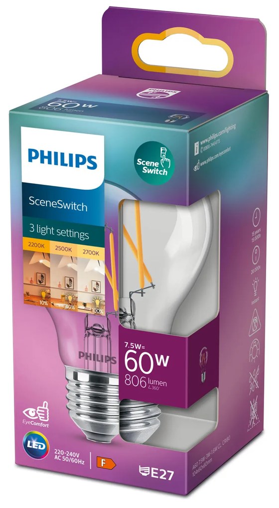 Philips 8718699772130 LED SceneSwitch žárovka 7.5-3-1.6W/60W 806-320-150 A60 E27 2700-2500-2200K 220-240V filament