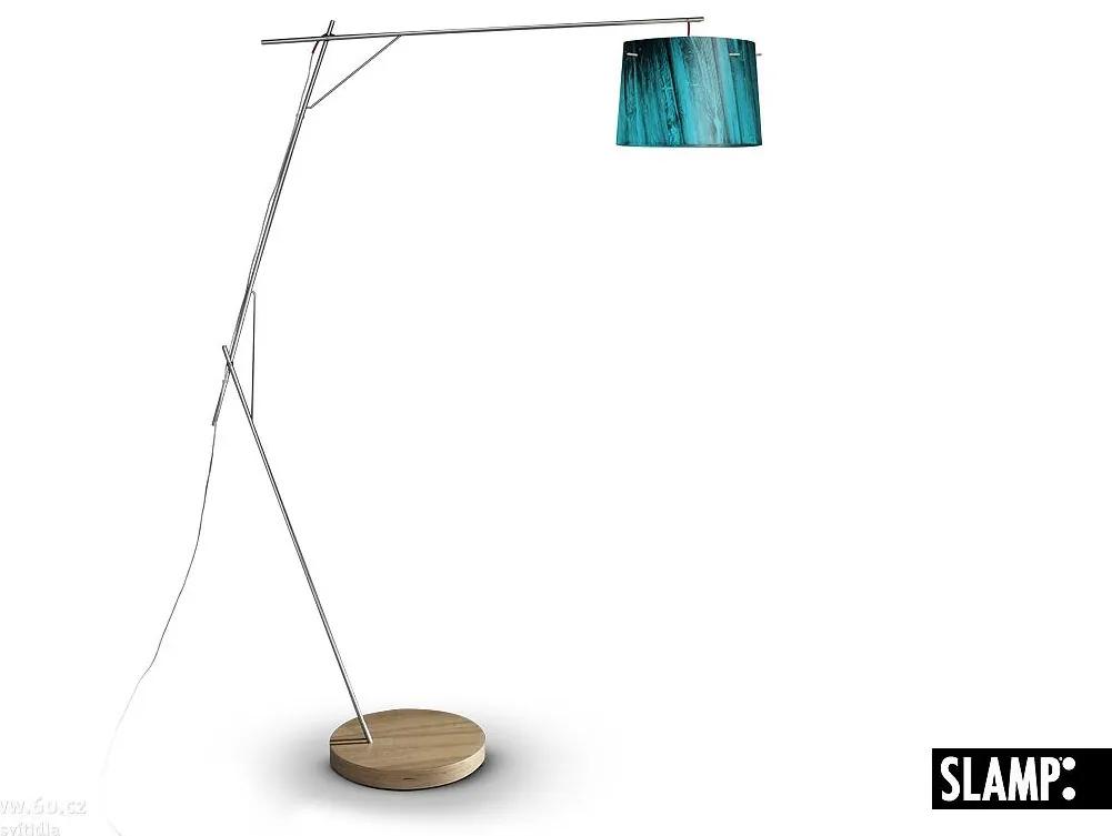 Slamp Woody, designová stojací lampa s modro-černým stínítkem v dekoru dřeva se stínítkem, 1x100W, výška max 230cm