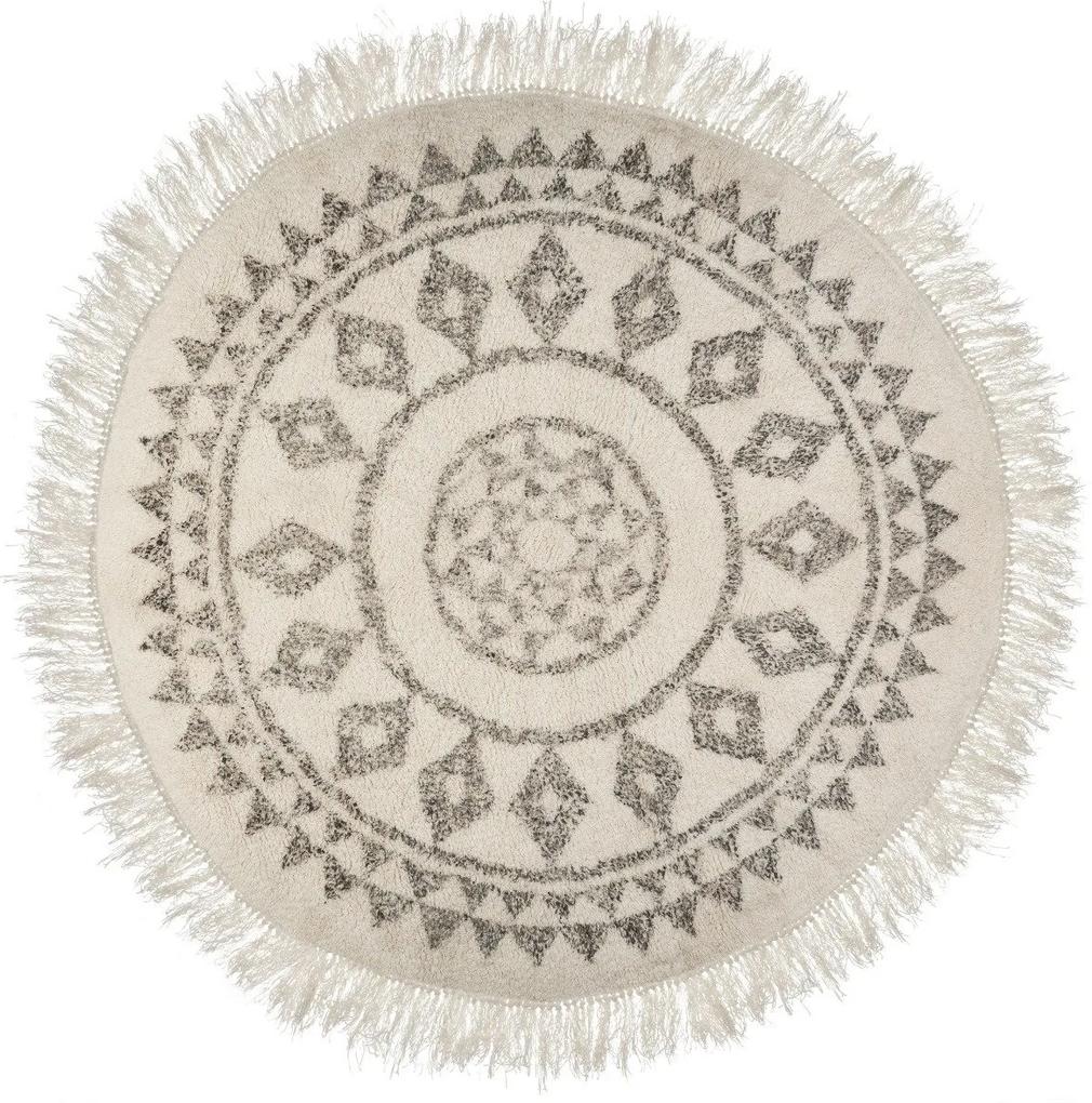 Kulatý koberec, etnické vzory s třásněmi, bavlněný, O 120 cm, bežový | BIANO